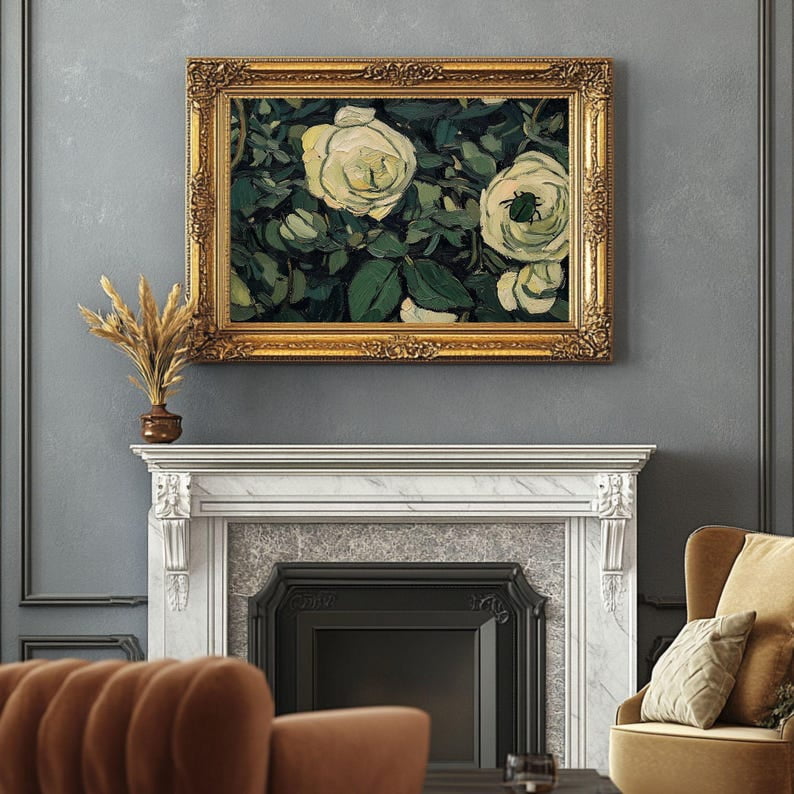 Van Gogh Abstract Frame Tv Art, Moody Dark Green Roses Oil Painting ...