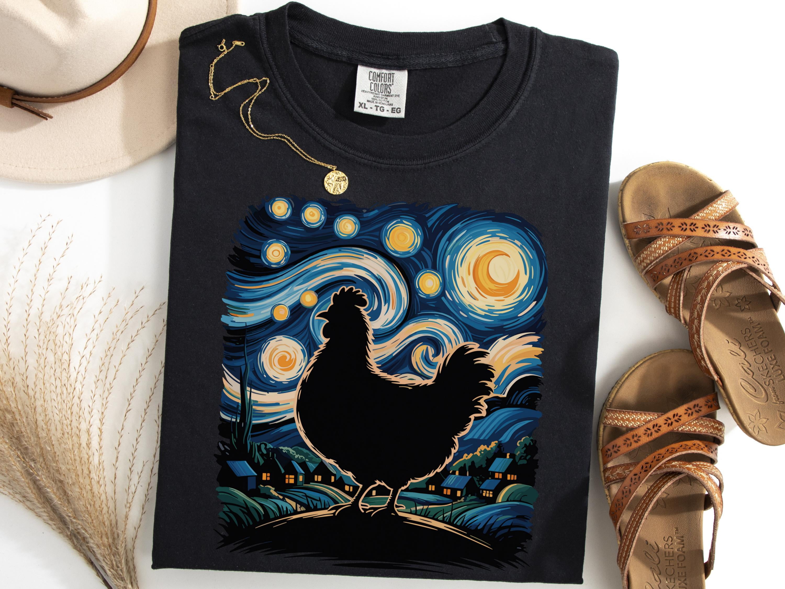 Van Gogh Chicken T-Shirt, Starry Night Farm Animal Tee, Funny Rooster ...