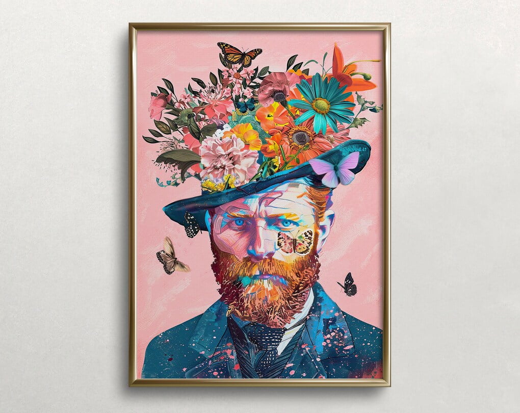 Van Gogh Portrait Flowers On Hat Colorful Wall Art Collage Art Altered ...