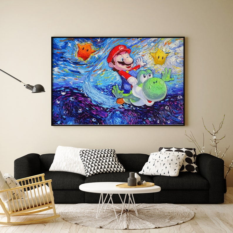 Van Gogh Starry Night Mario & Yoshi Art Print: Video Game Nursery Decor ...