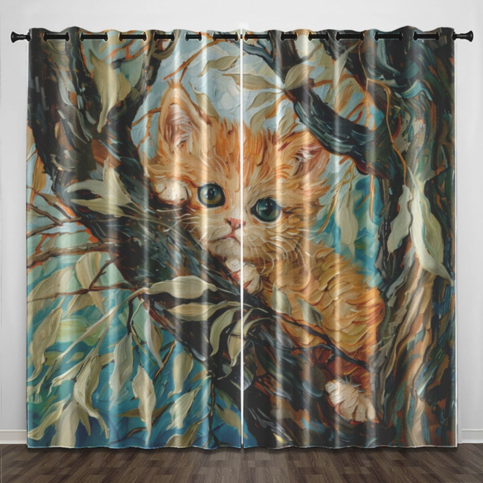 Van Gogh Style Cat In The Tree (102) Curtains 2 Panels Set Blackout For ...