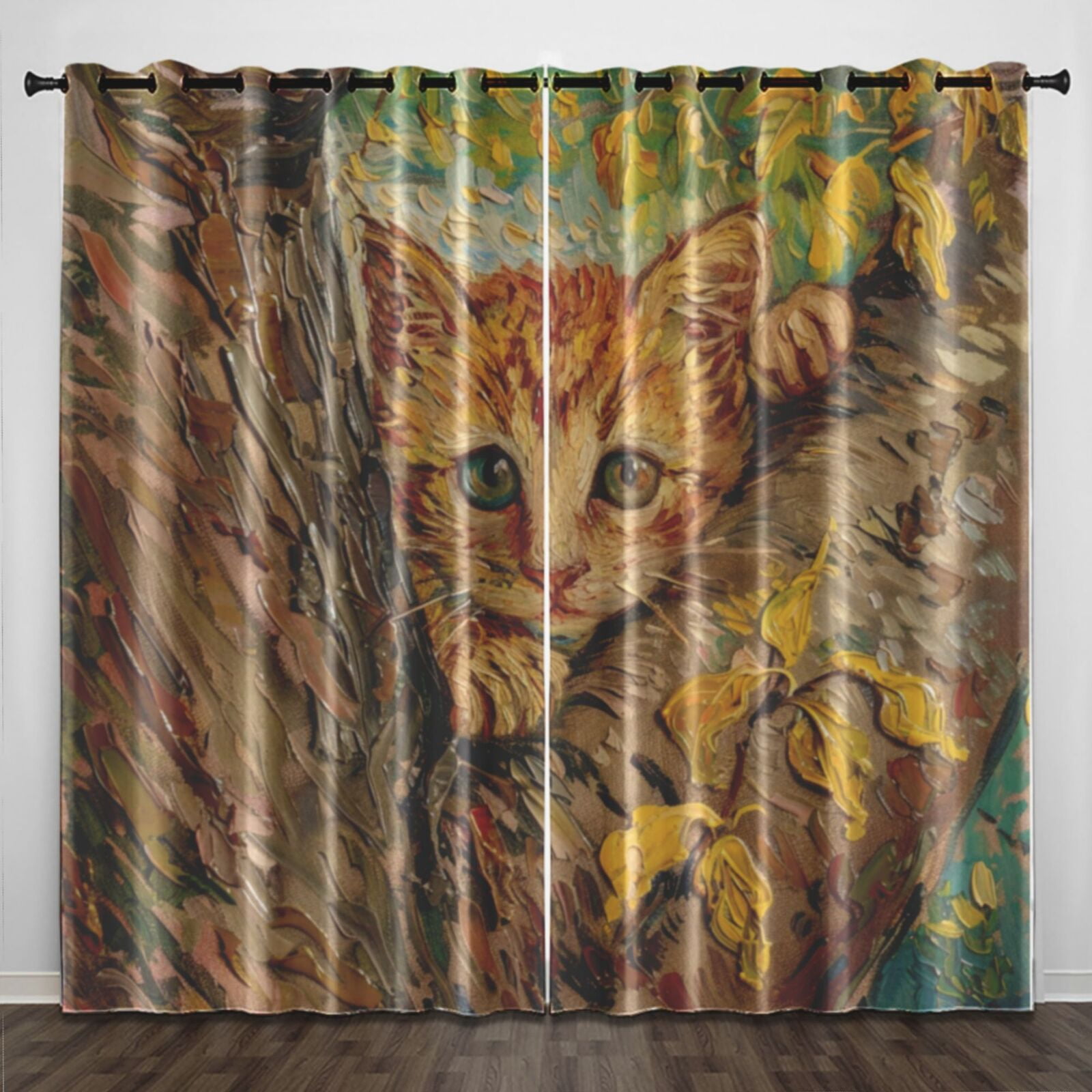 Van Gogh Style Cat In The Tree (99) Curtains 2 Panels Set Blackout For ...