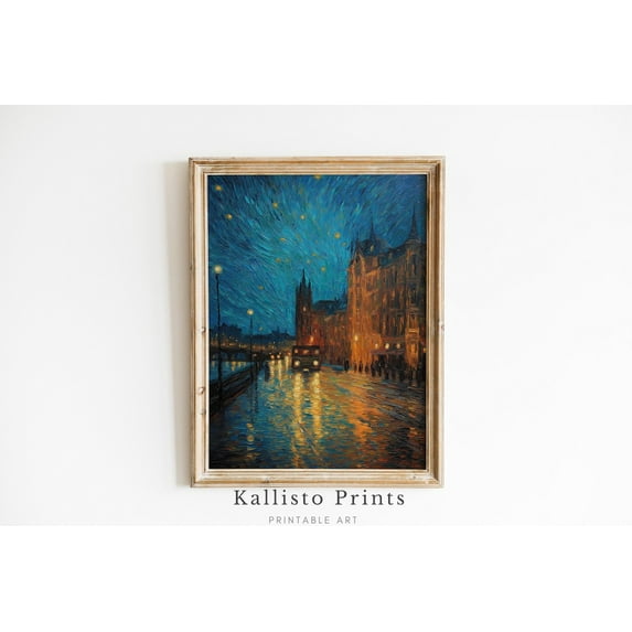 Van Gogh Style London Night Print Poster, Double Decker Bus Art, Rainy ...