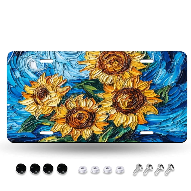 Van Gogh - Styled Oil Painting Of Sunflowers License Plate Frame ...