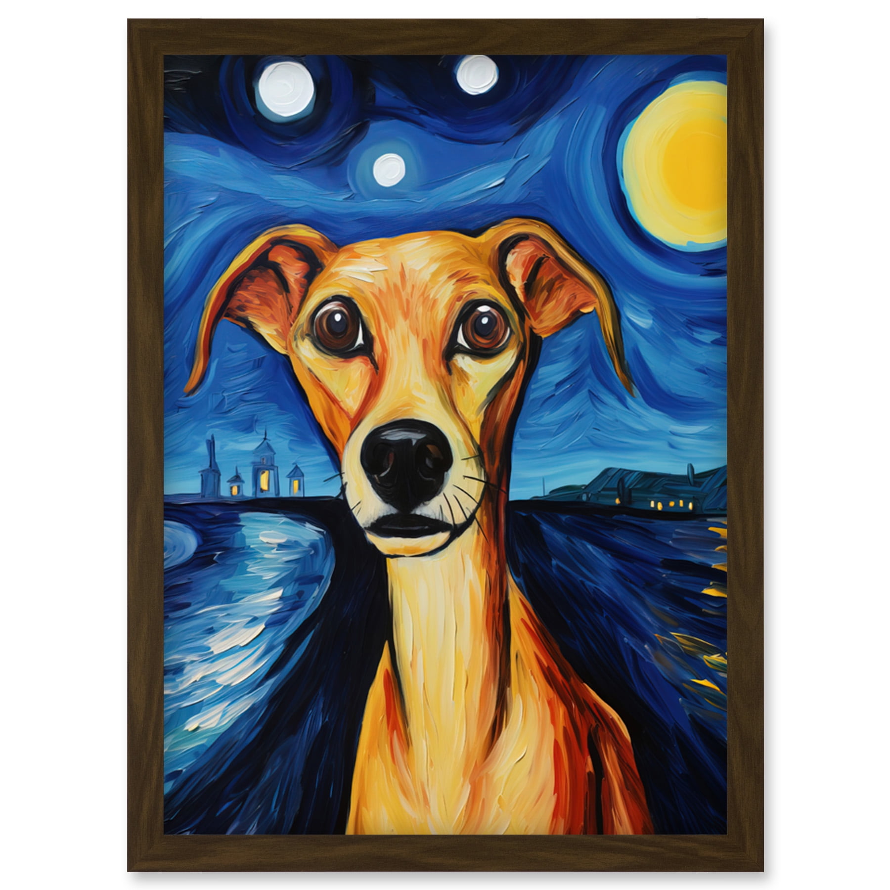 Van Goghs Dog Artwork Night Scene Full Moon Blue Brown Yellow Oil ...