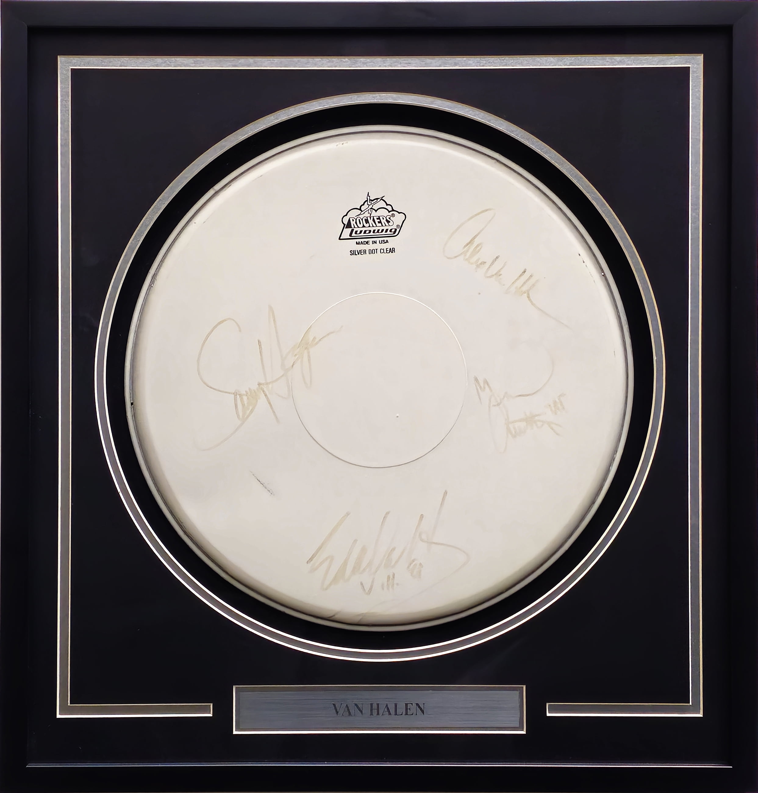 Van Halen Autographed Framed 14x14 Drumhead With 4 Signatures Including ...