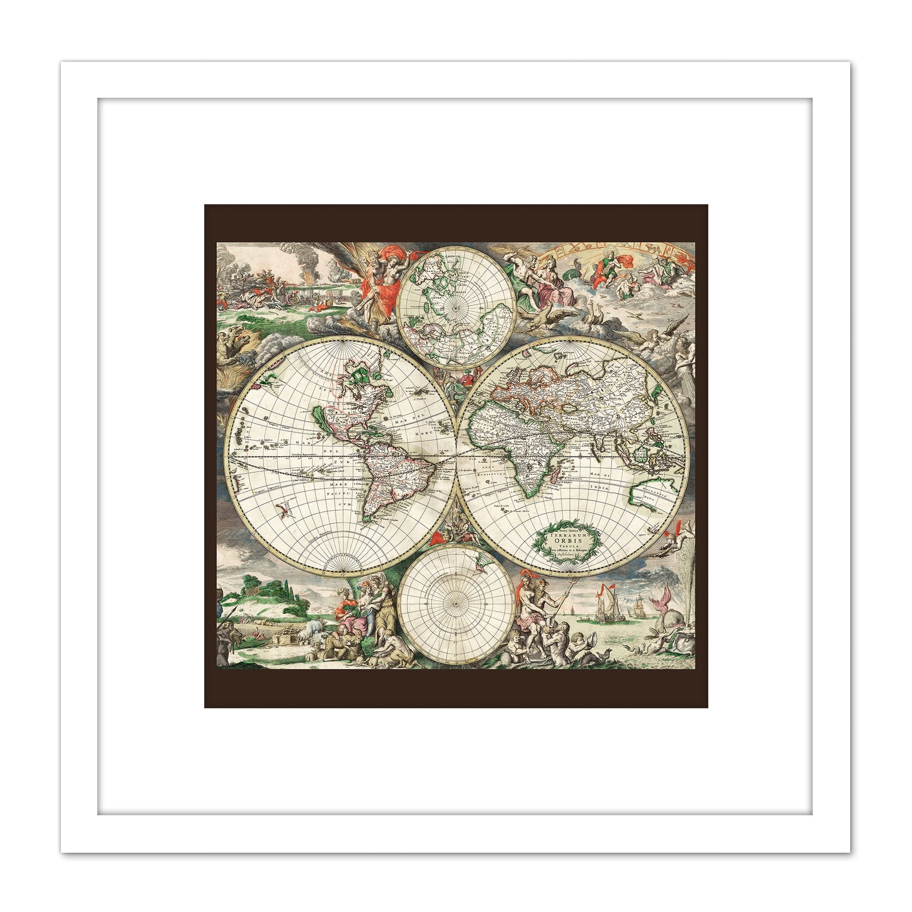 Van Schagen 1689 Map Of The World 8X8 Inch Square Wooden Framed Wall ...