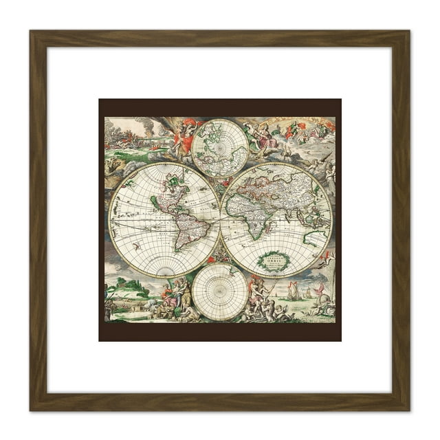 Van Schagen 1689 Map Of The World 8X8 Inch Square Wooden Framed Wall ...