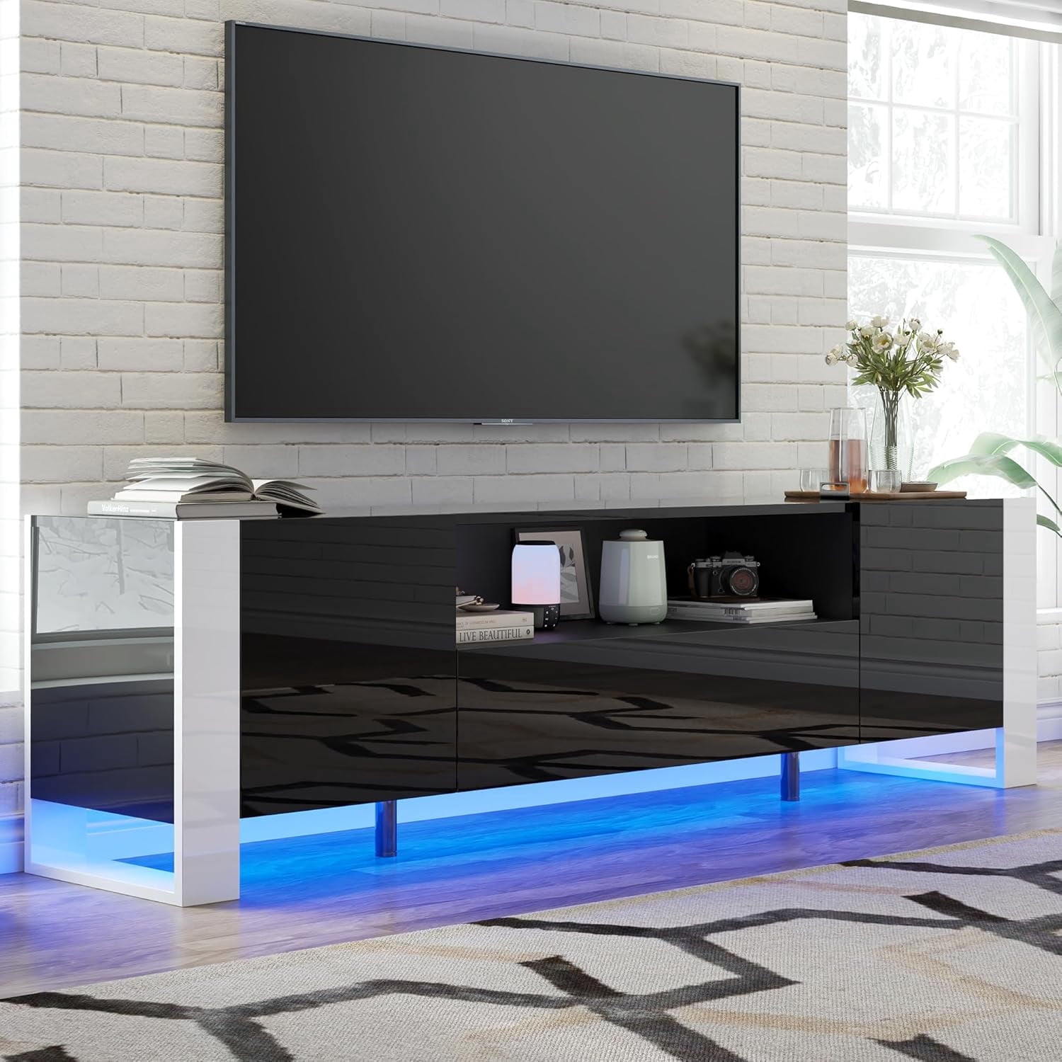 Merluxy 70" LED TV Stand with Storage for Living Room, Glossy ...