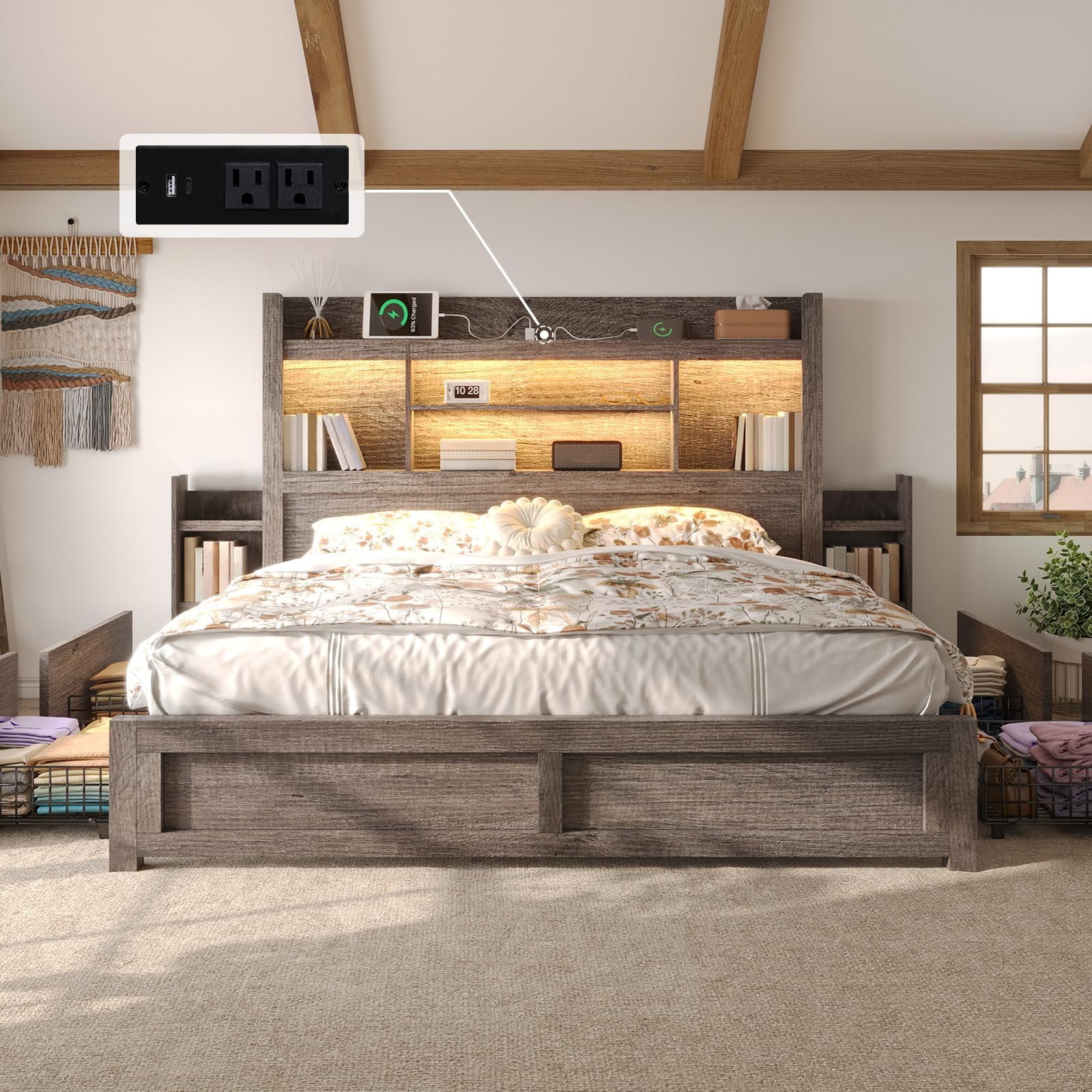 VanAcc King Size Bed with 49.6" Bookcase Headboard, Dual Side Storage ...