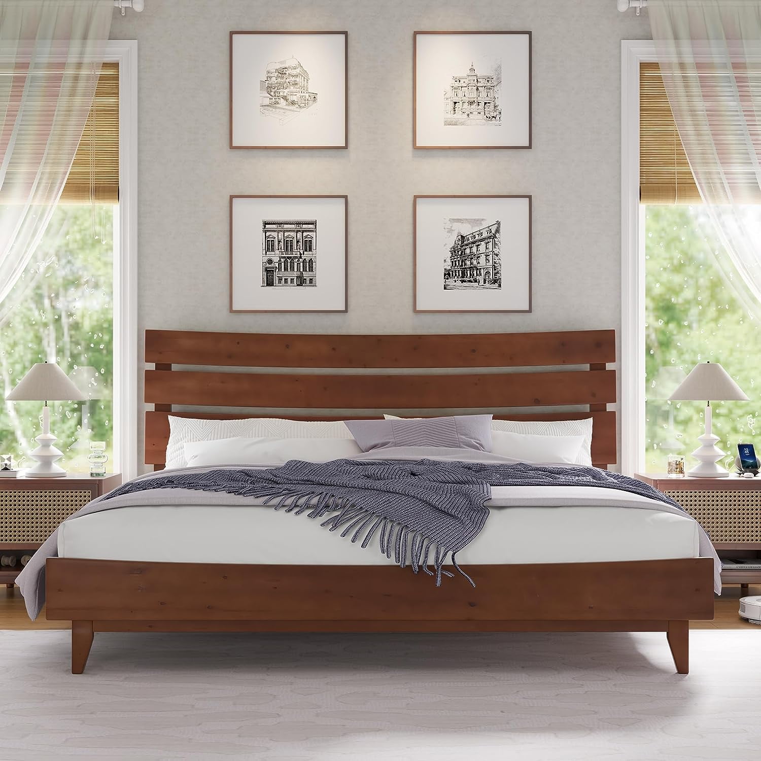 VanAcc King Solid Wood Bed Frame with Slatted Headboard, Wood Slat ...