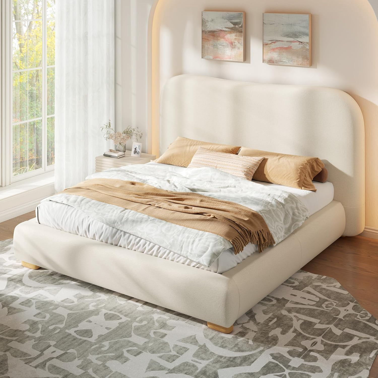 VanAcc Queen Size Cloud Bed Frame, 7.1" Thick Curved Headboard, Modern ...