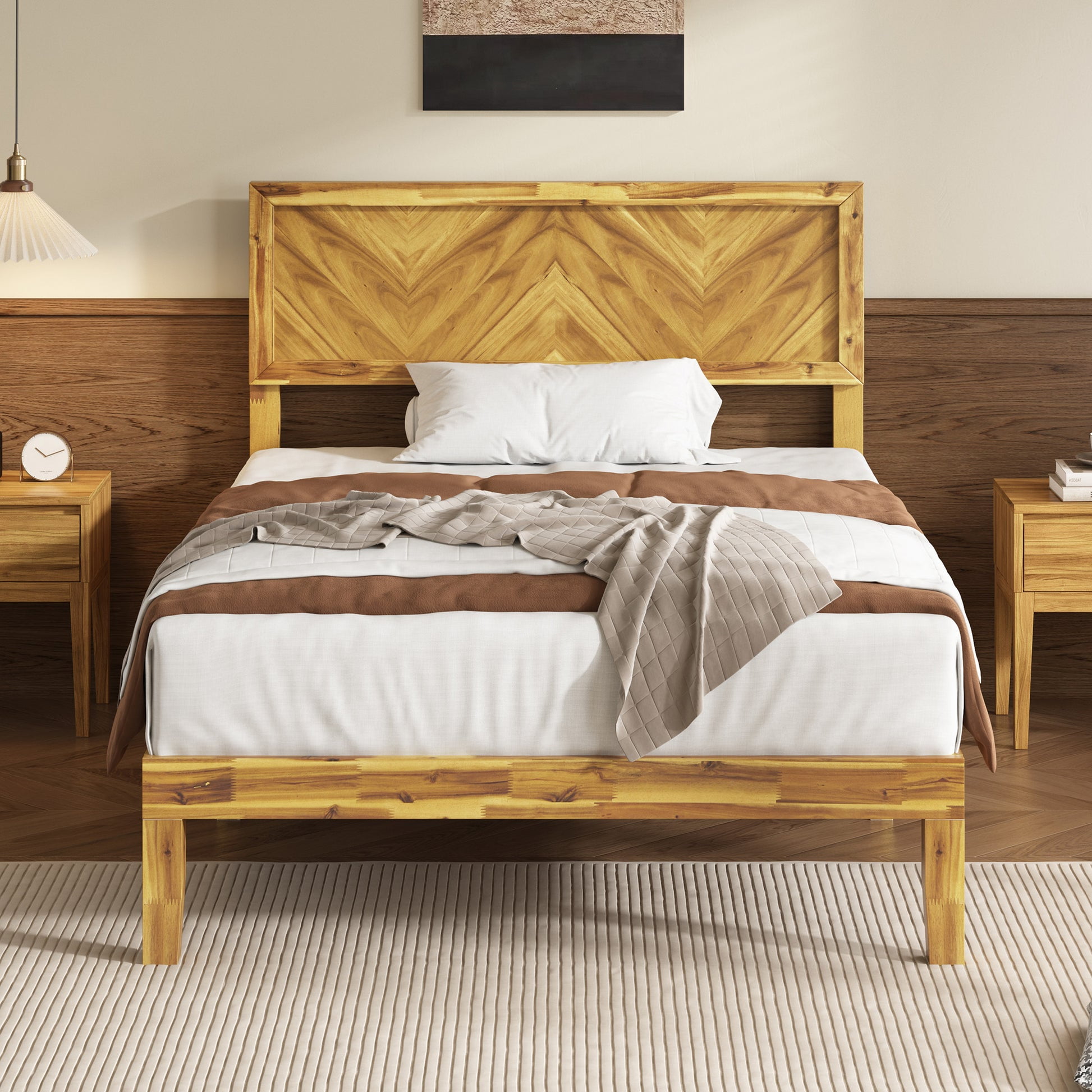 VanAcc Queen Size Solid Acacia Wood Bed Frame with Smooth Pattern ...