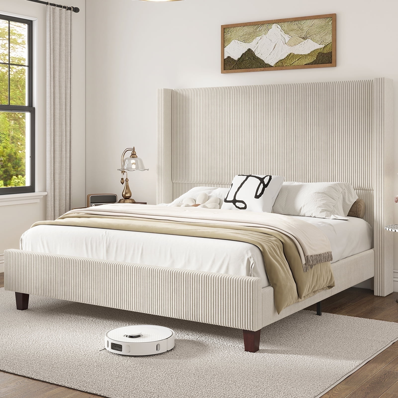 "Vanacc Queen Size 61"" Tall Cream Corduroy Upholstered Bed Frame with ...