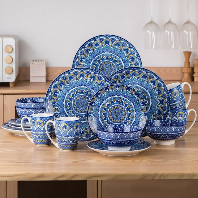Vancasso, 16 Piece Porcelain Dinnerware Set, Boho Blue Dinner Set ...