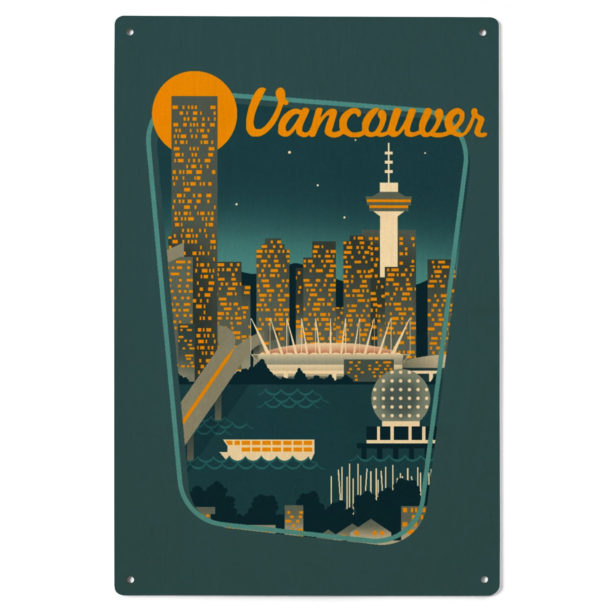 Vancouver, British Columbia, Retro Skyline, Contour Birch Wood Wall ...