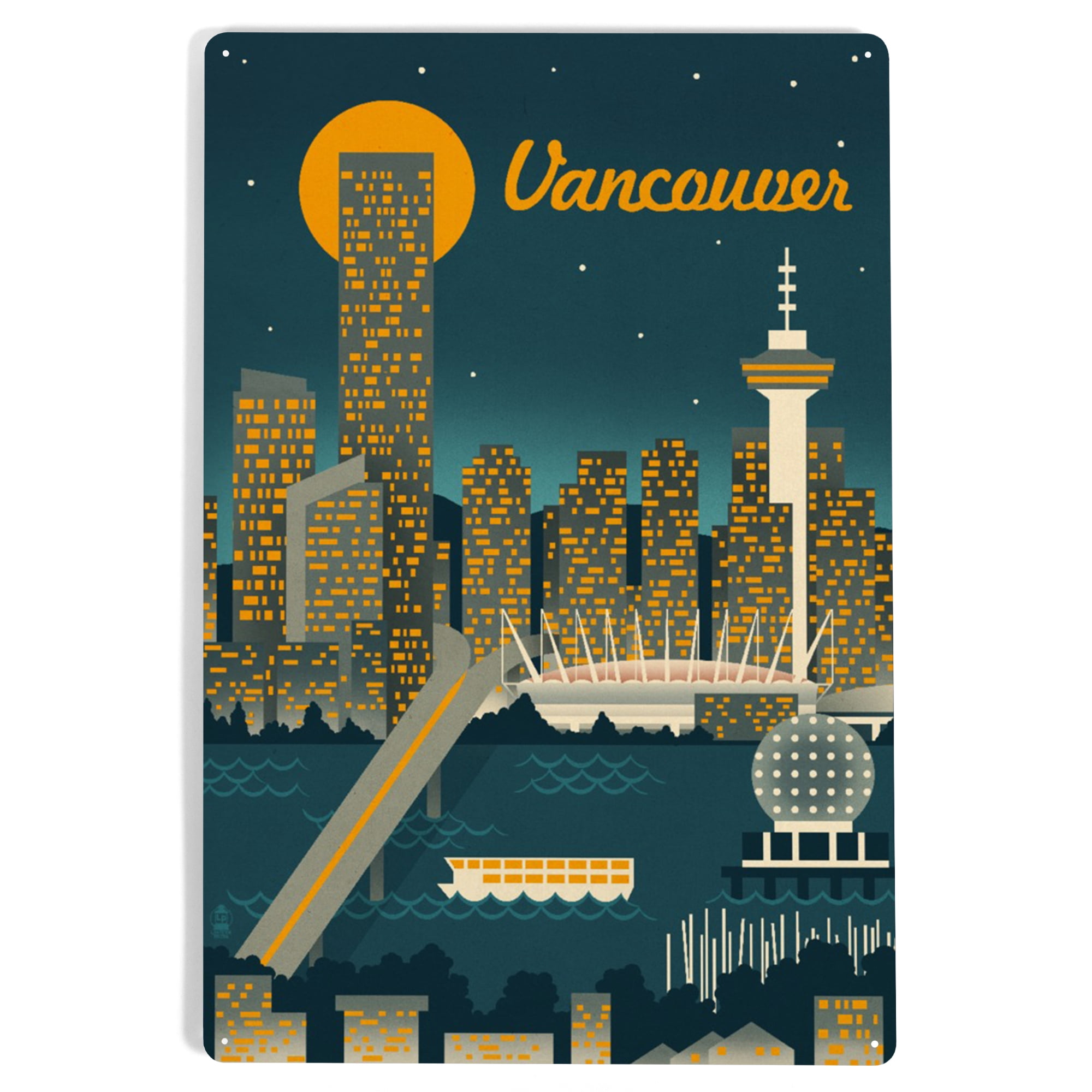 Vancouver, Canada, Retro Skyline (12x18 Aluminum Art, Indoor Outdoor ...