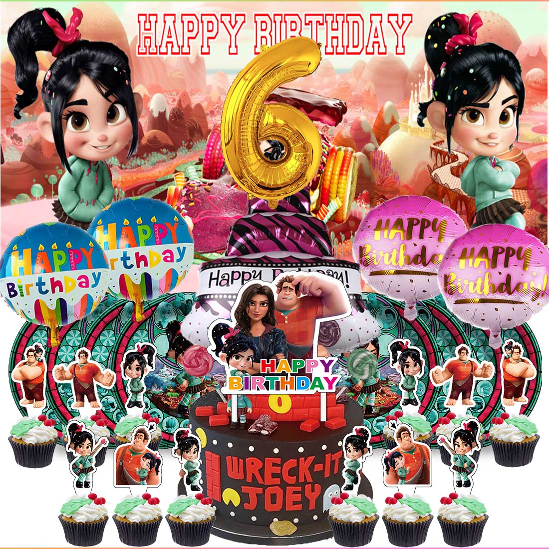 Vanellope 6th Tableware Balloons Cake Toppers Backdrop Banner Supplies ...