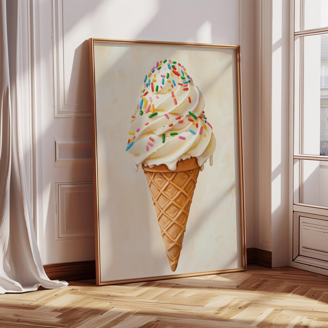 Vanilla Ice Cream Cone Poster, Rainbow Sprinkles, Whimsical Kitchen Art ...