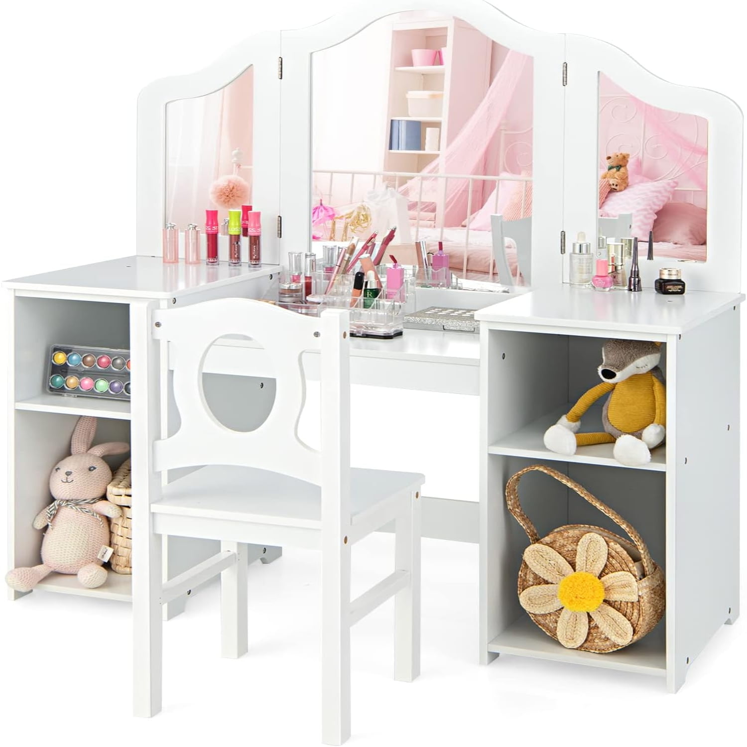 Vanity 2 in 1 Princess Desk and Chair Set with Drawers Tri-Folding ...