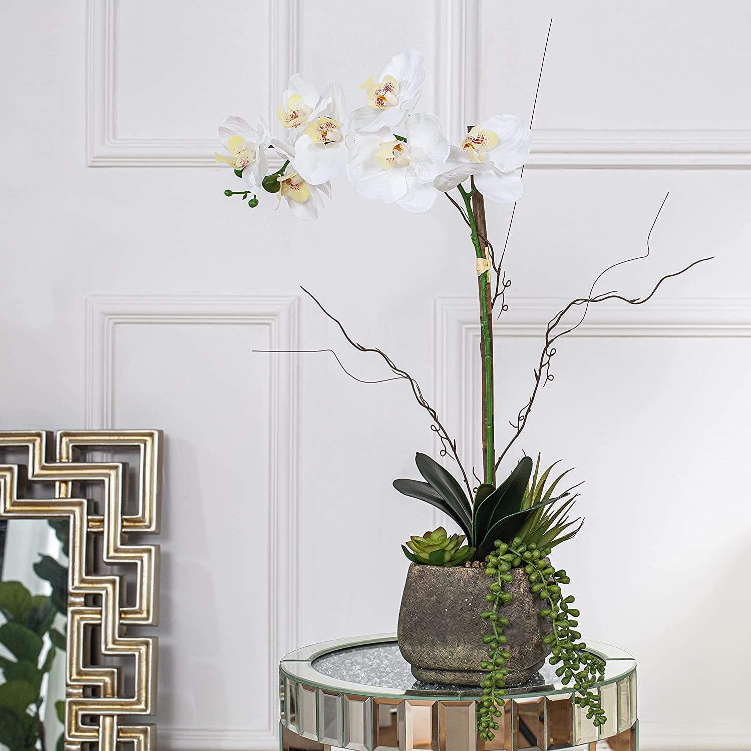 Vanity Art Phalaenopsis Orchid Floral Arrangement in Decorative Cement Pot | Single-stem ...