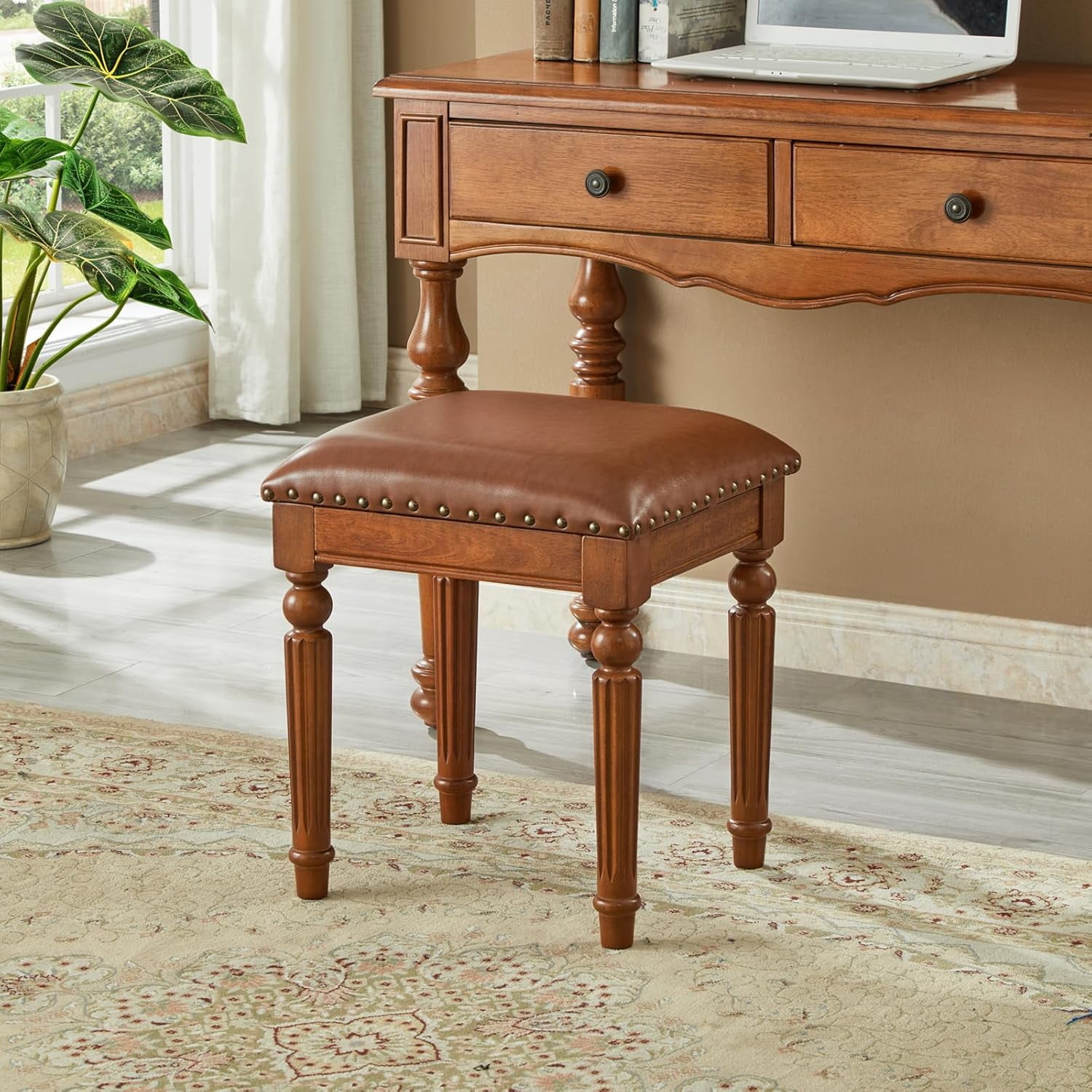 Vanity Bench Stool with Leather Cushion, Vanity Chair with Solid Wood ...