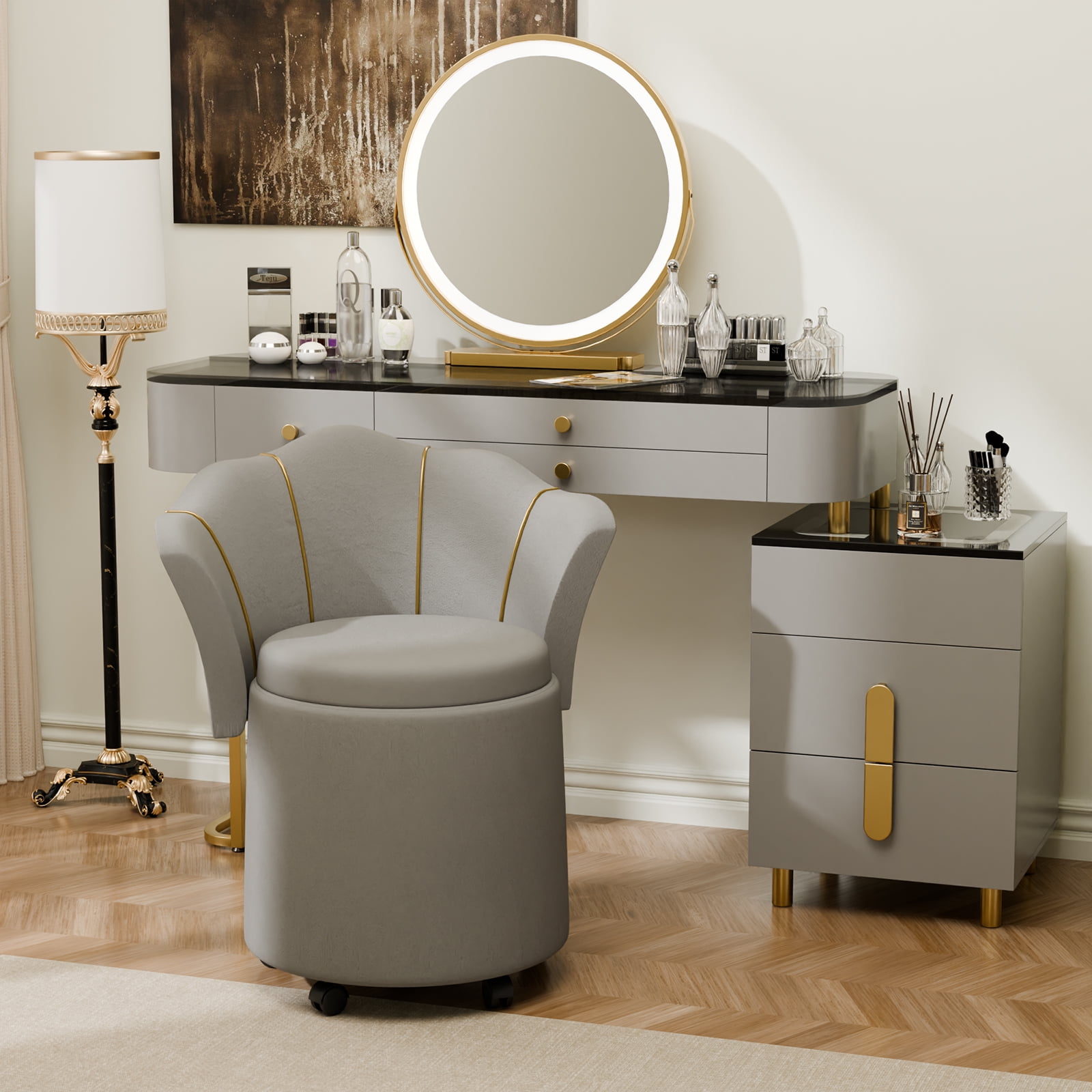 Vanity Chair,Makeup Storage with Backrest,Upholstered Dressing Chair ...