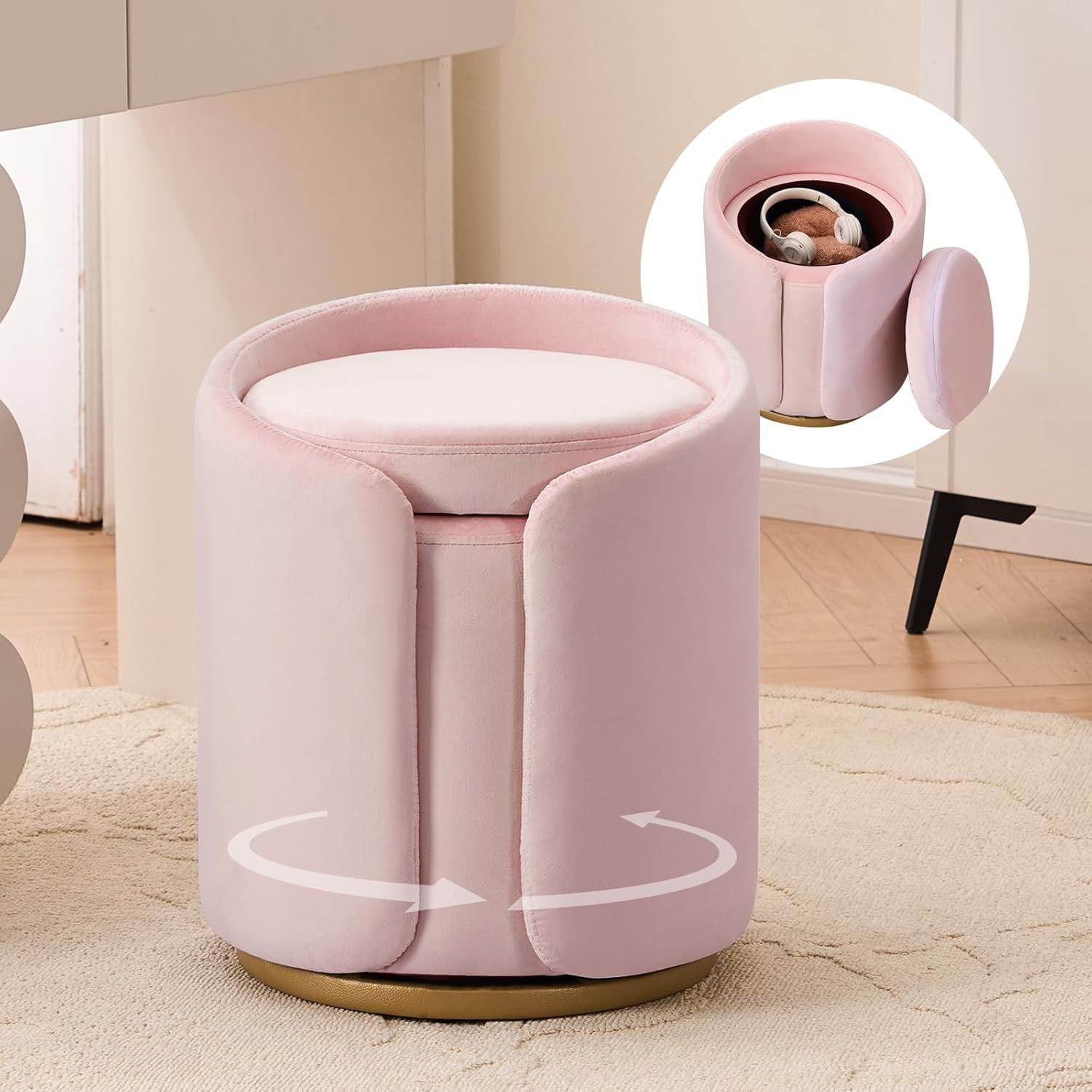 Vanity Chair with Storage, Round Velvet Vanity Stool No Wheels, Swivel ...