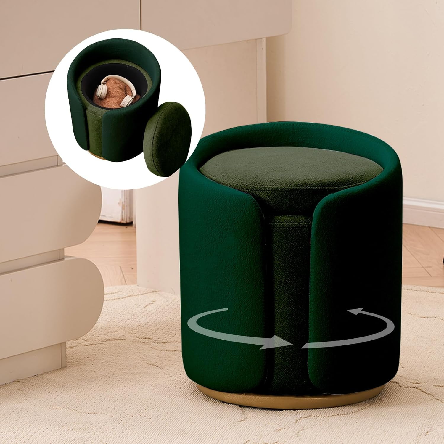 Vanity Chair with Storage, Round Velvet Vanity Stool No Wheels, Swivel ...