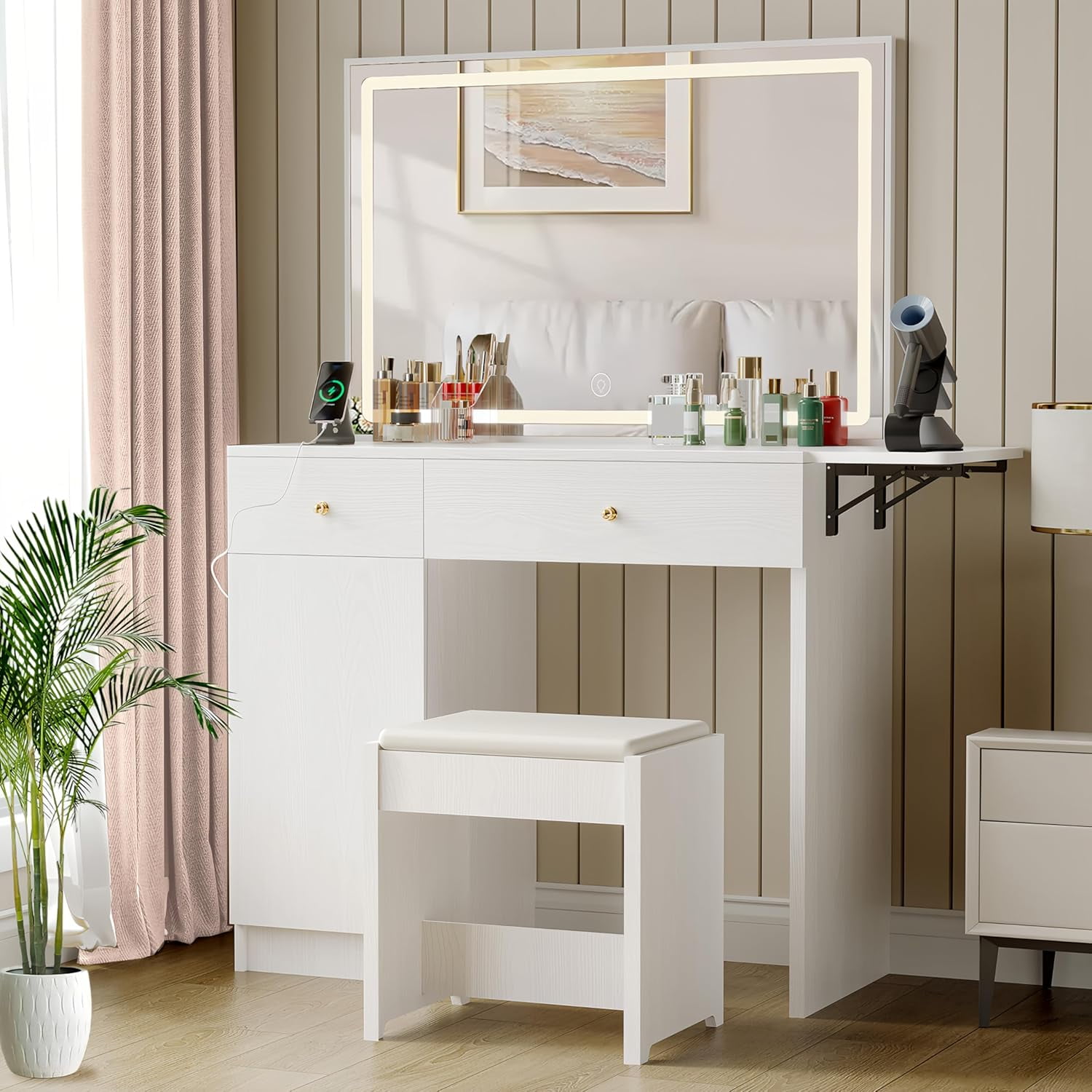 Vanity Desk with 35" Large LED Lighted Mirror & Power Outlet, Makeup ...