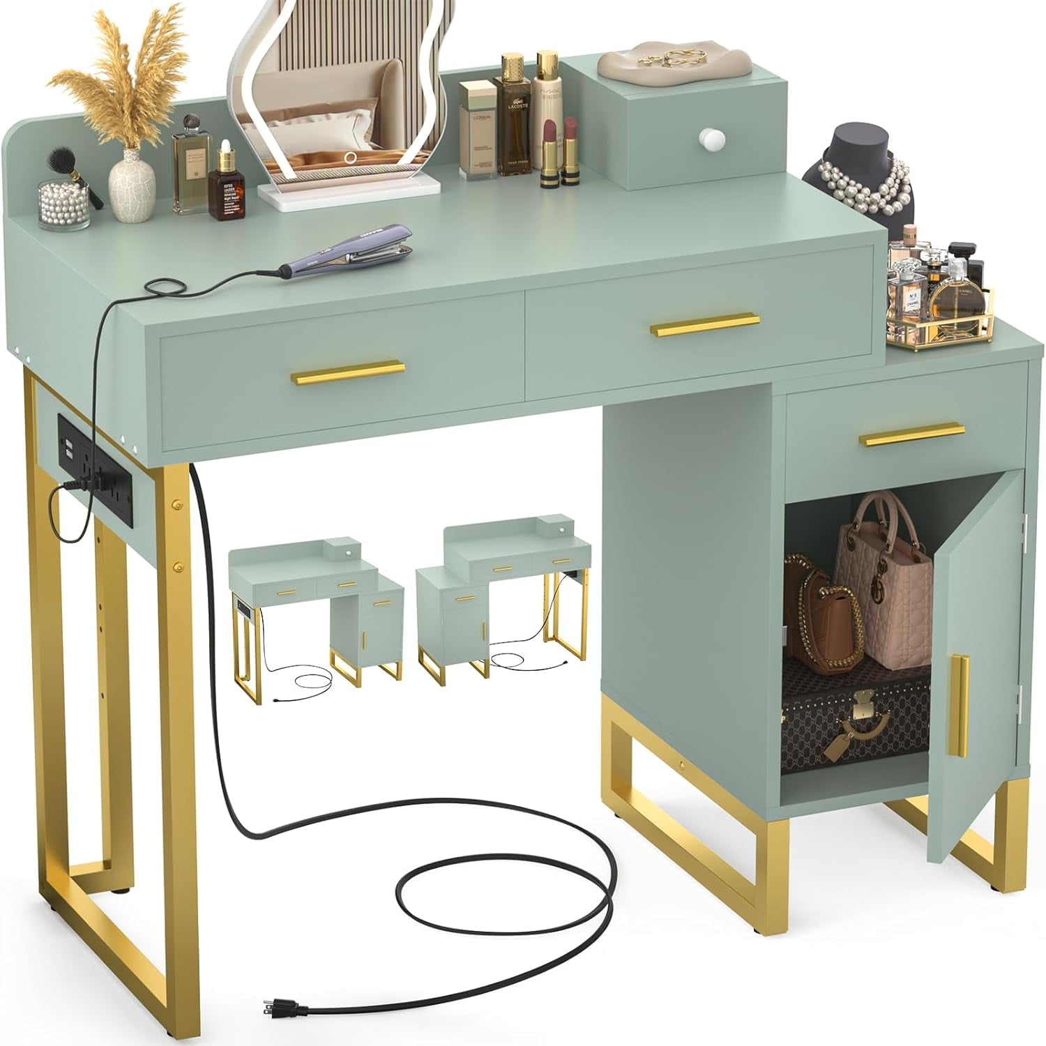 Vanity Desk With 4 Drawers and Cabinet, Makeup Vanity Table With Charge ...