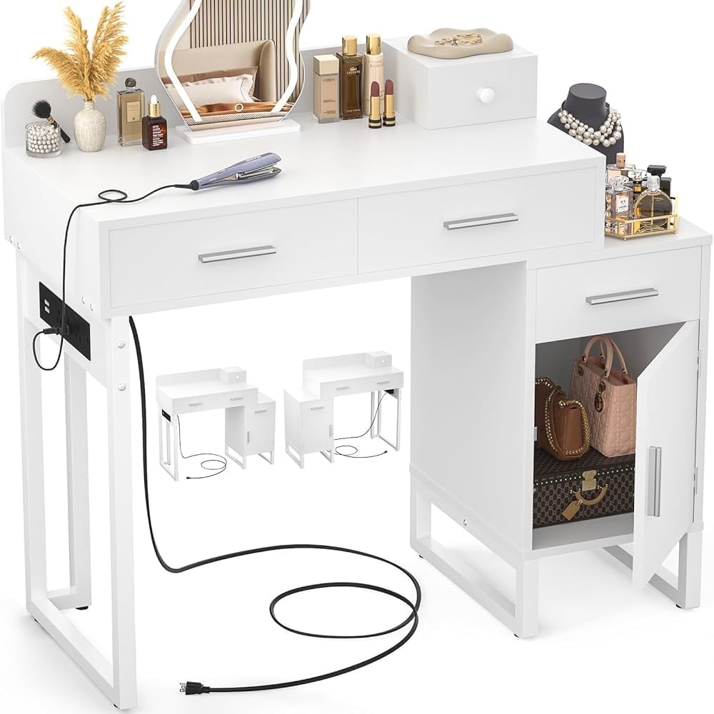 Vanity Desk With 4 Drawers and Cabinet, Makeup Vanity Table With Charge ...