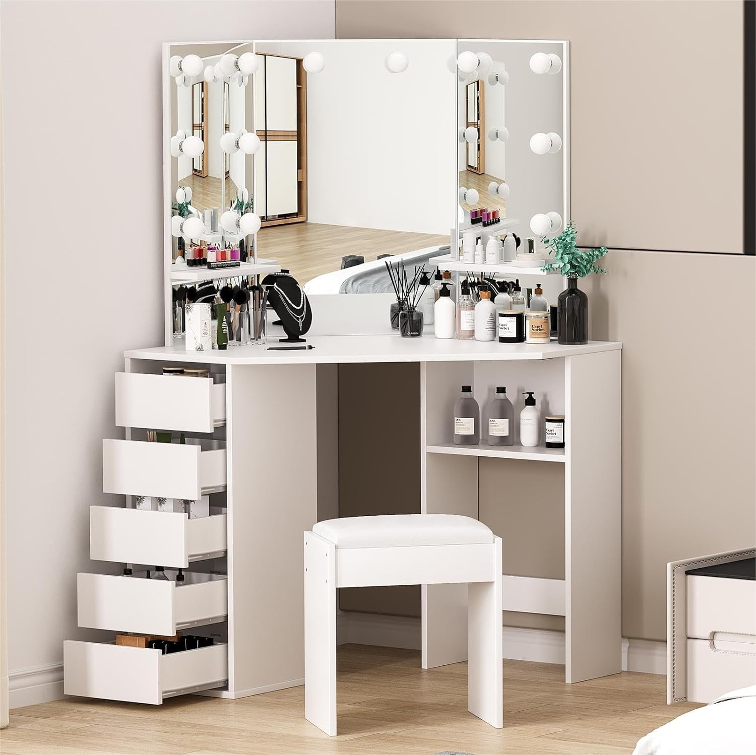 Vanity Desk, Corner Makeup, Adjustable LED Lighting, Vanity Desk with ...