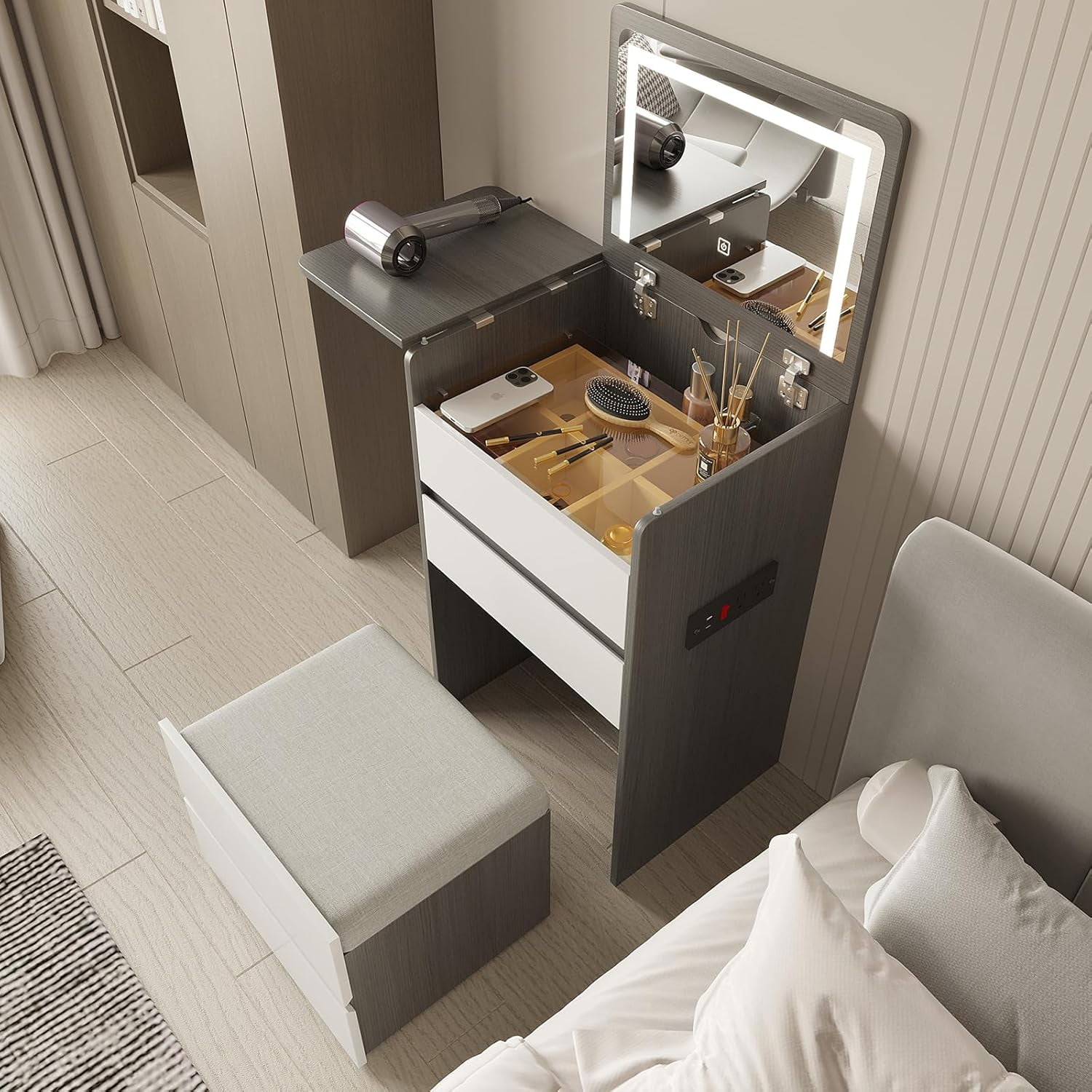 Vanity Desk with Flip Top Lighted Mirror, Compact Makeup Table with ...