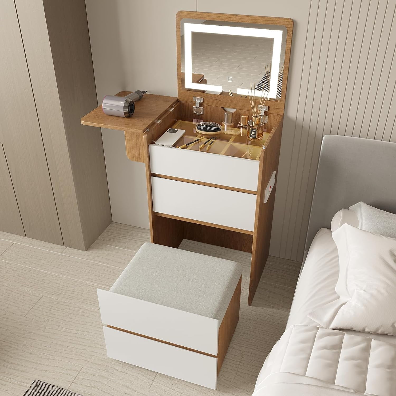 Vanity Desk with Flip Top Lighted Mirror, Compact Makeup Table with ...