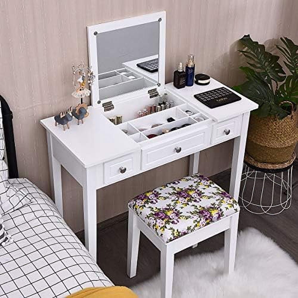 Vanity Desk with Flip Top Mirror and 3 Drawers 7 Compartments White ...