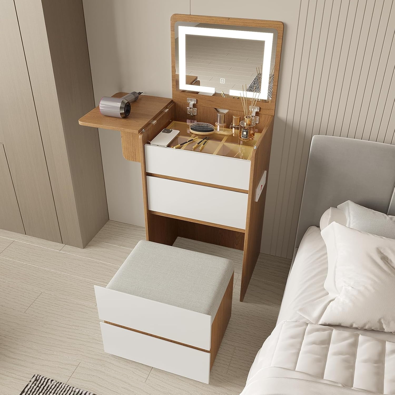 Vanity Desk with Flip Top Mirror and Lights, Integrated Makeup Vanity with 3 Drawers and Storage ...
