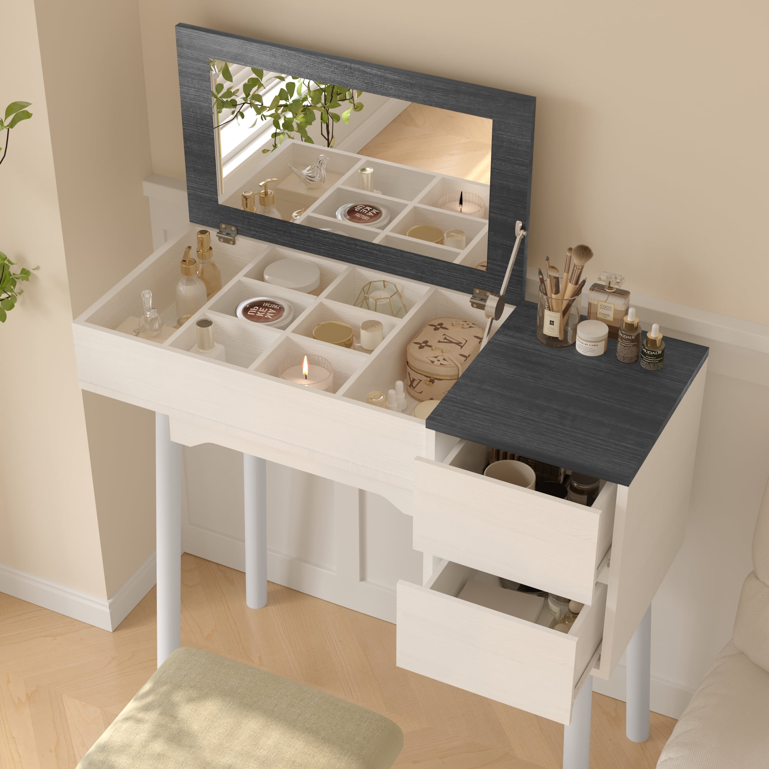 Vanity Desk with Flip Top Mirror, Makeup Vanity Table Set with Chair ...