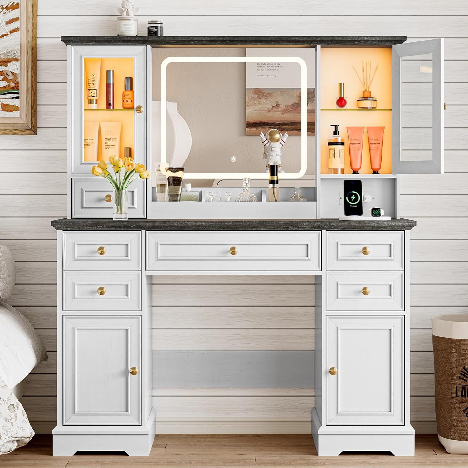 Vanity Desk with HD Lighted Mirror & Power Outlet, Farmhouse Makeup ...