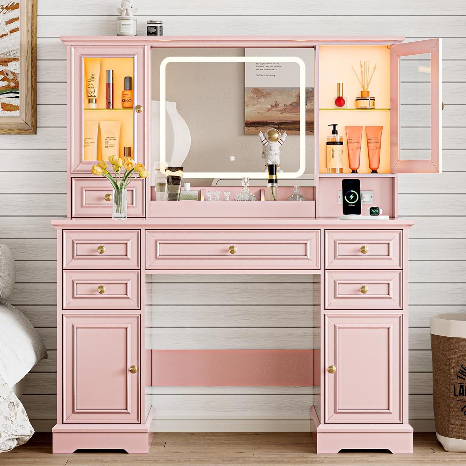 Vanity Desk with HD Lighted Mirror & Power Outlet, Farmhouse Makeup ...