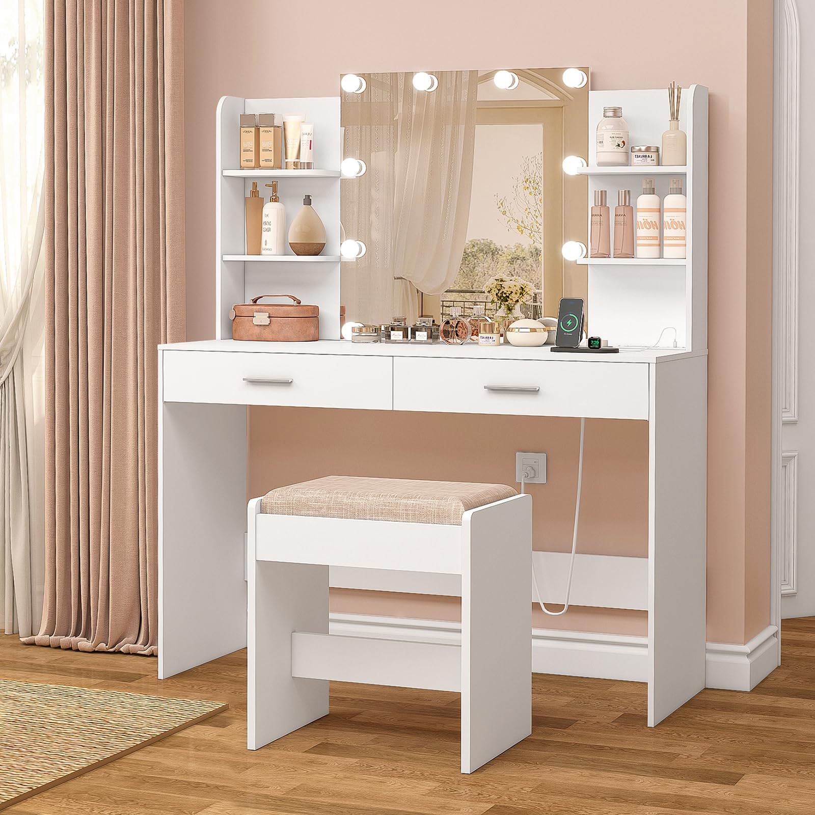 Vanity Desk with Hollywood Lights and Large Mirror, Makeup Table with ...