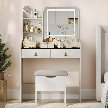 CSZZD White Vanity Desk with Mirror, 3 Light Modes, Adjustable Brightness, USB Charging, Large ...