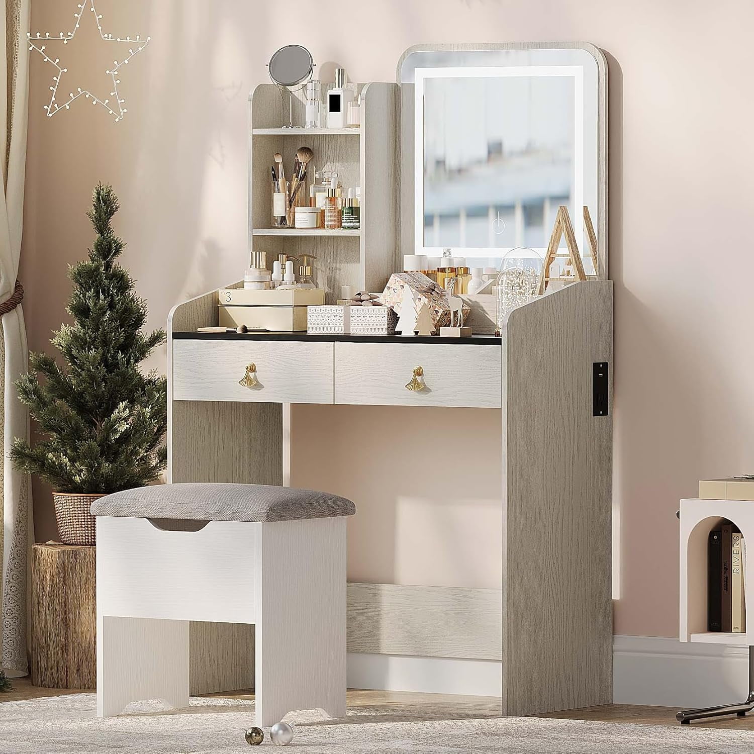 Vanity Desk with LED Light Mirror and Charging Station,Small Makeup ...