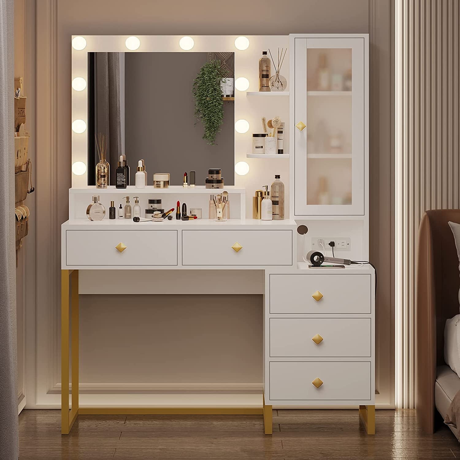Large Vanity Desk with LED Lighted Mirror, USB Charging Station, 5 ...