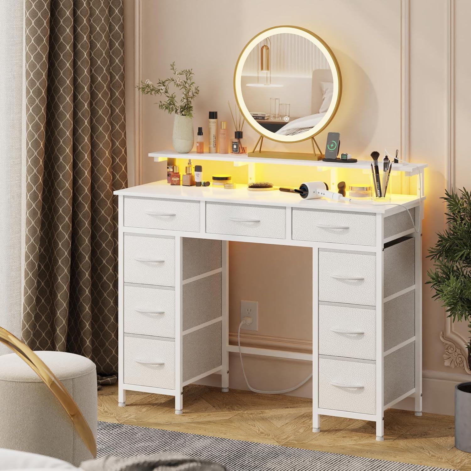 Vanity Desk with LED Lighted Mirror, Makeup Vanity Desk with Height ...