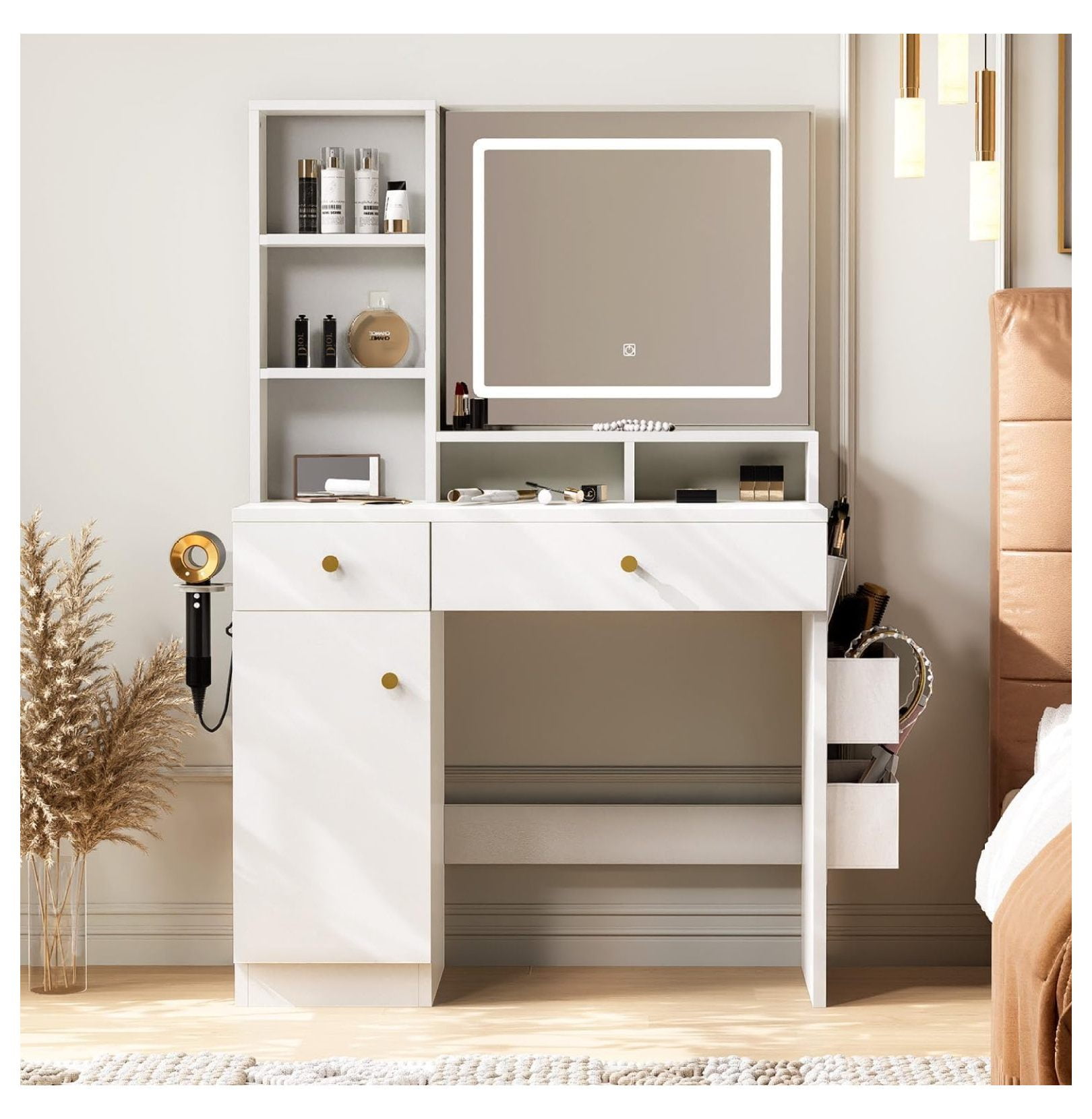 Vanity Desk with LED Lighted Mirror, Side Storage Bag & Power Outlet ...