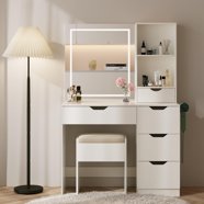 Impressions Vanity Slaystation Naomi Makeup Desk, White, Glass Tabletop ...