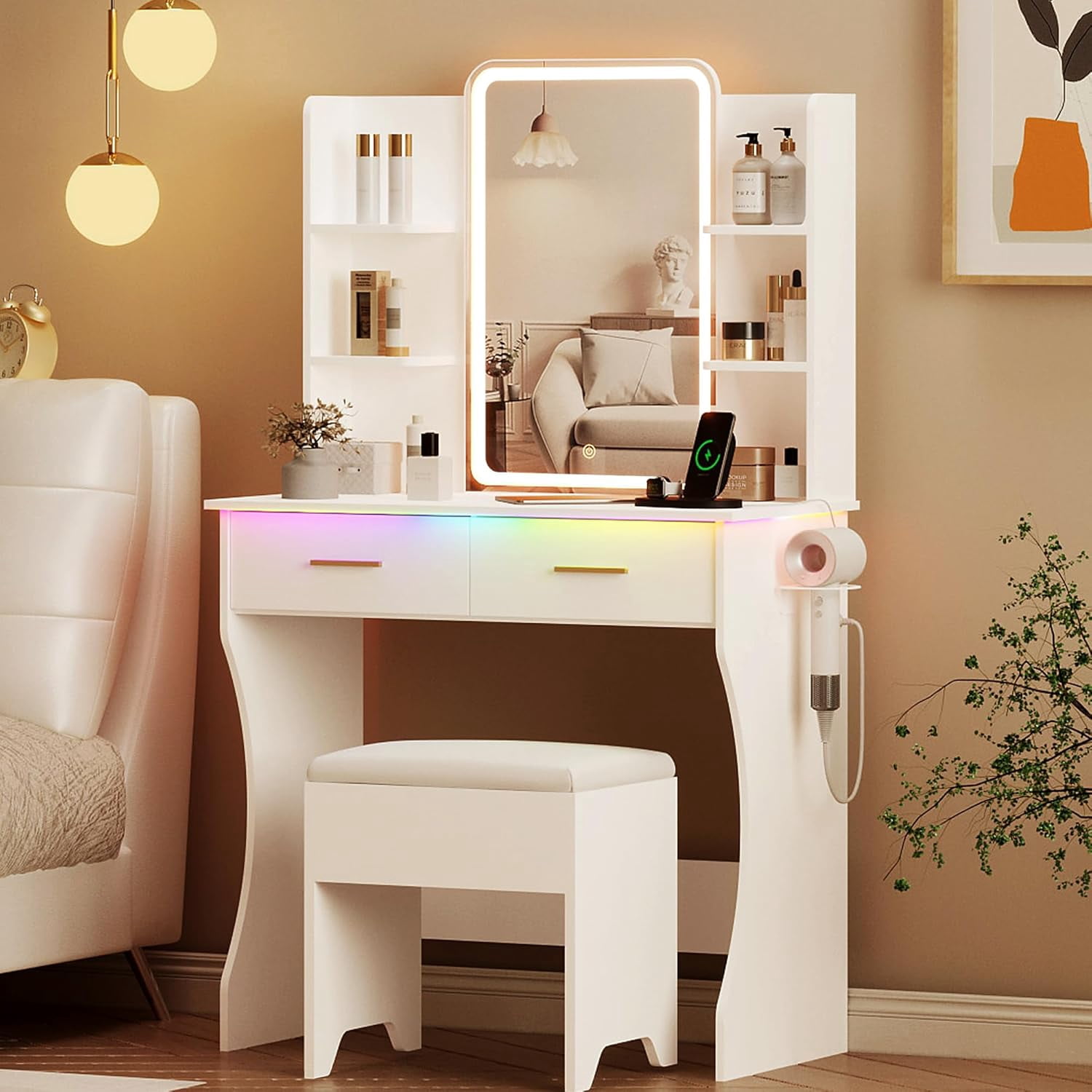 Vanity Desk with LED Lights Mirror & Power Outlet, Small Makeup Vanity ...
