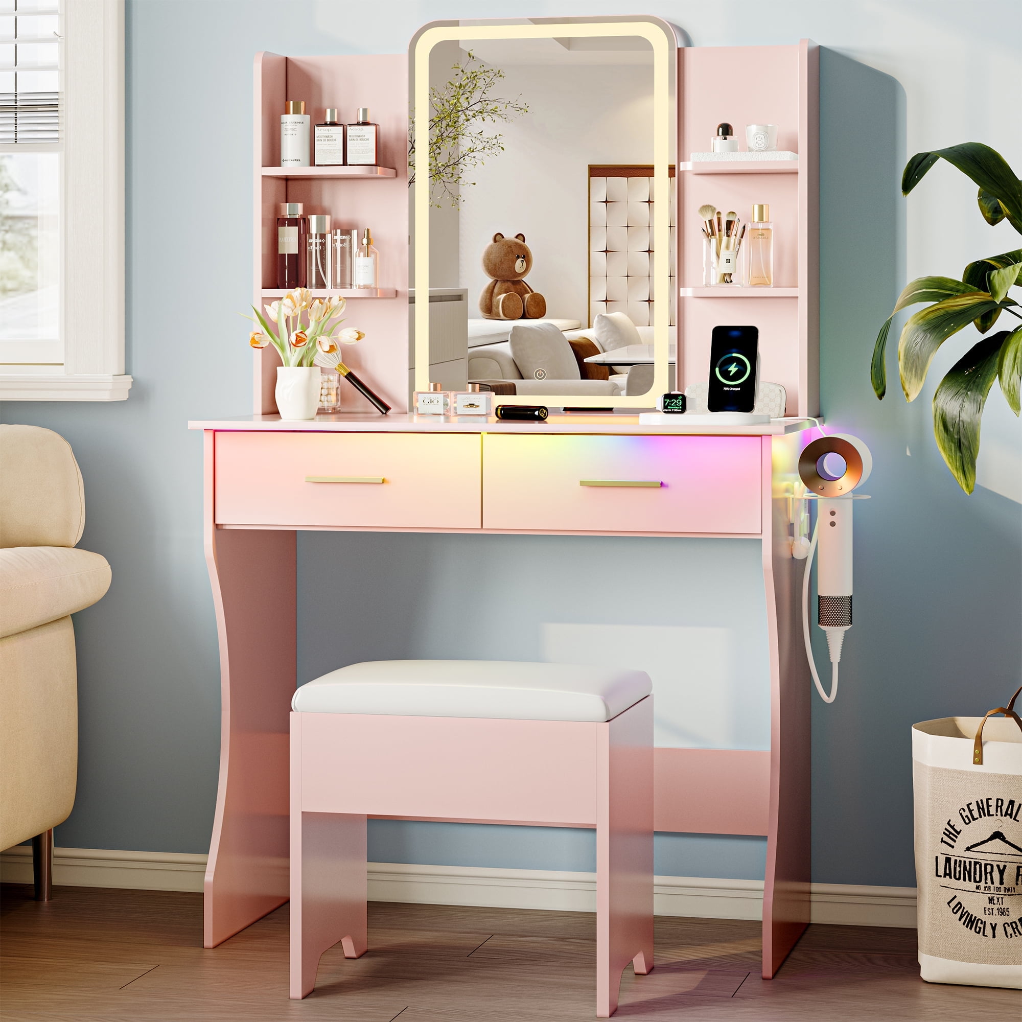 Vanity Desk Lights Mirror ，Makeup Table Storage Drawers & Chair ...