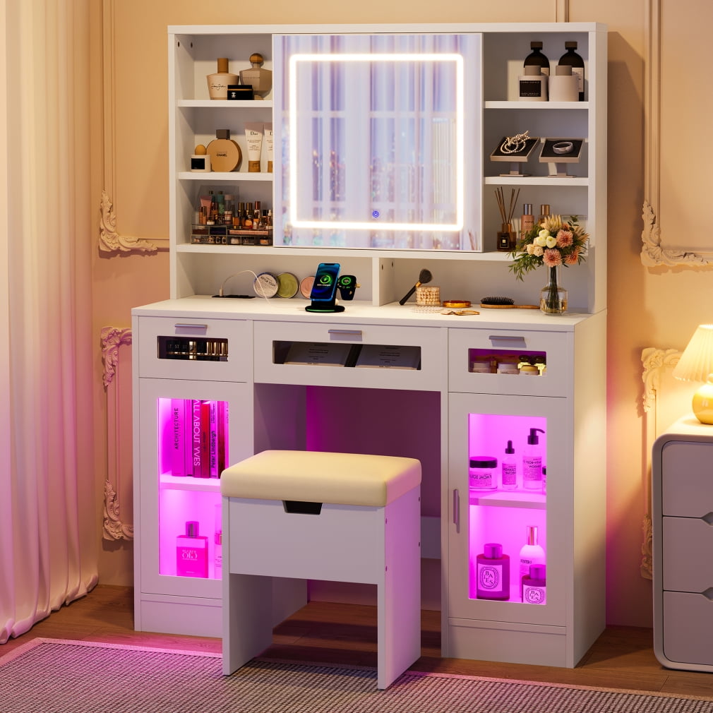 Vanity Desk with LED Lights & Sliding Mirror, Large Makeup Vanity Set ...